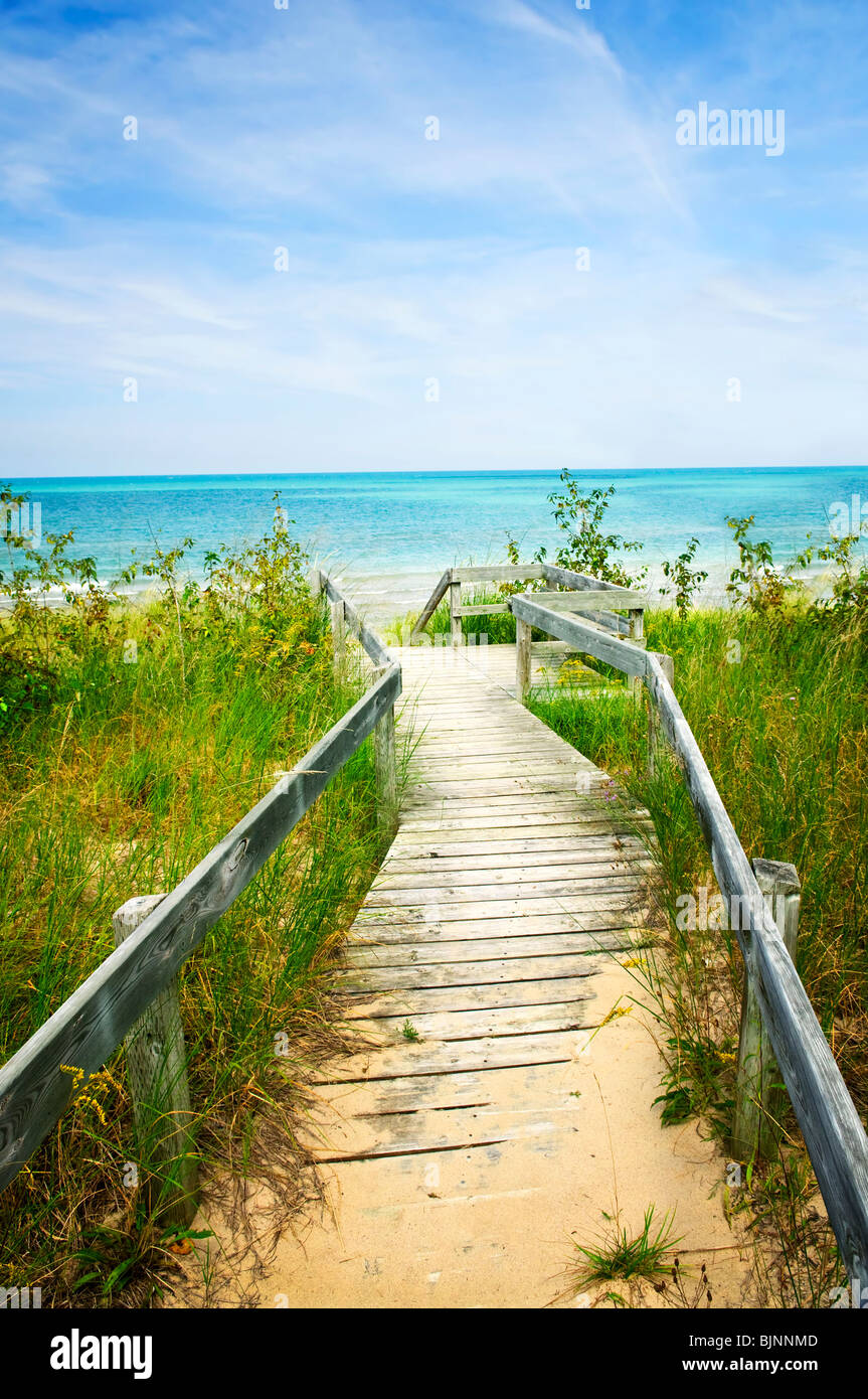 Wooden path over dunes at beach. Pinery provincial park, Ontario Canada ...