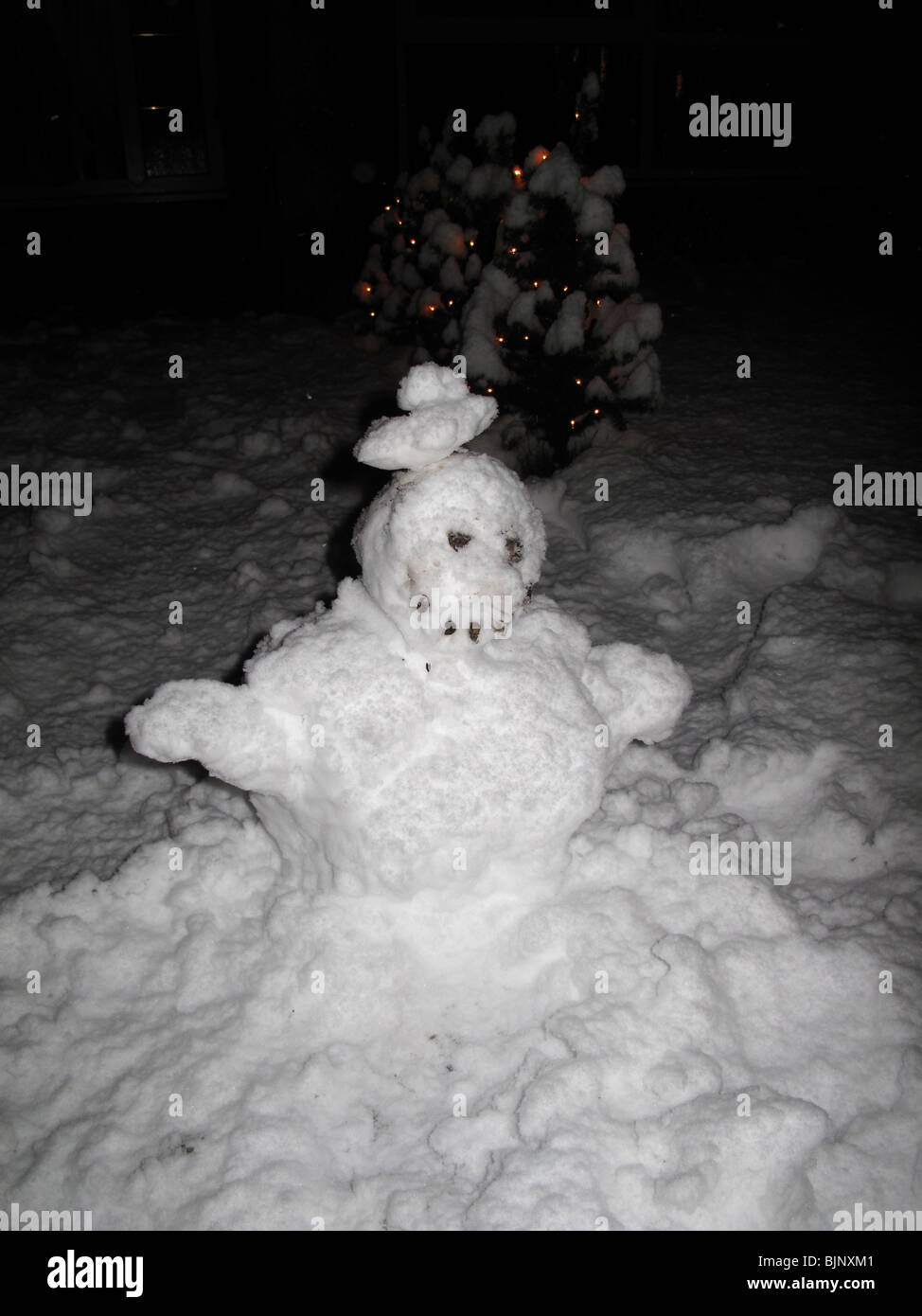 Snowman at night with flash Stock Photo - Alamy