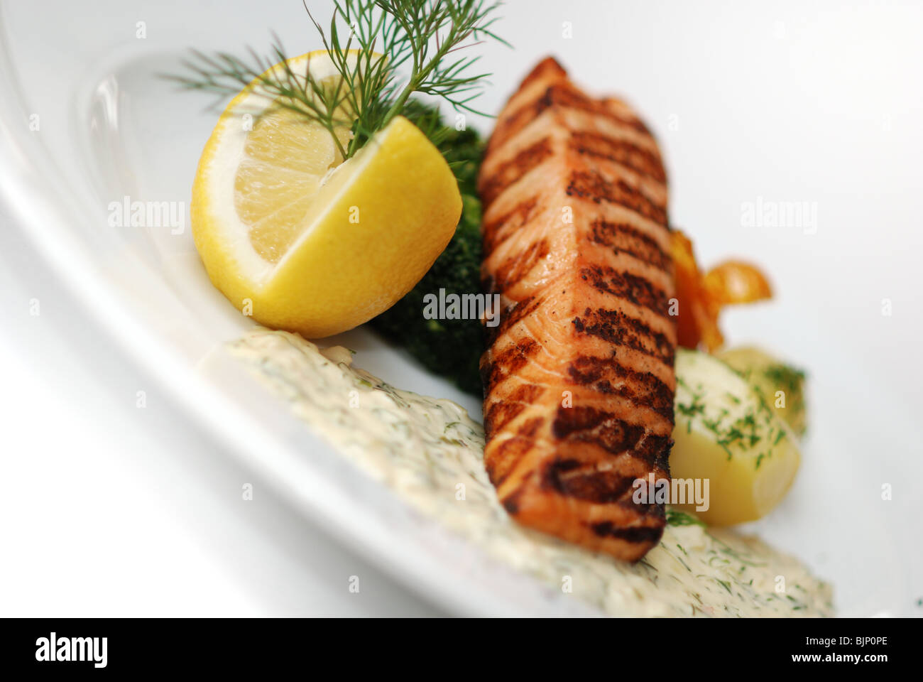 Grilled salmon served in restaurant Stock Photo - Alamy