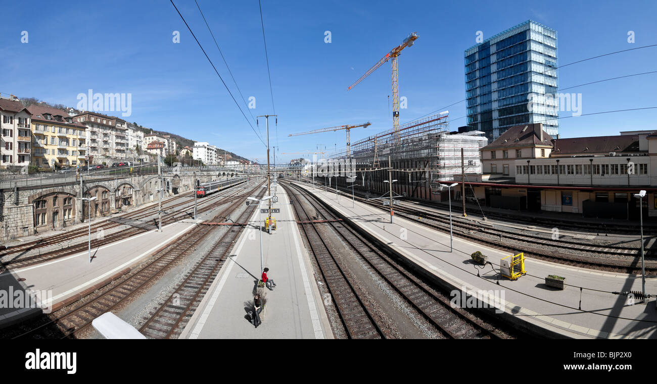 Overhead panoramic view of the main platforms, tracks, and construction ...
