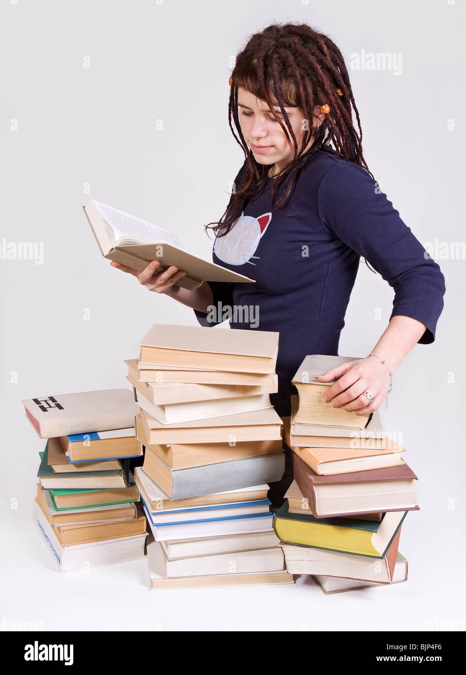 Lesson female studying test books white background isolated reader read ...