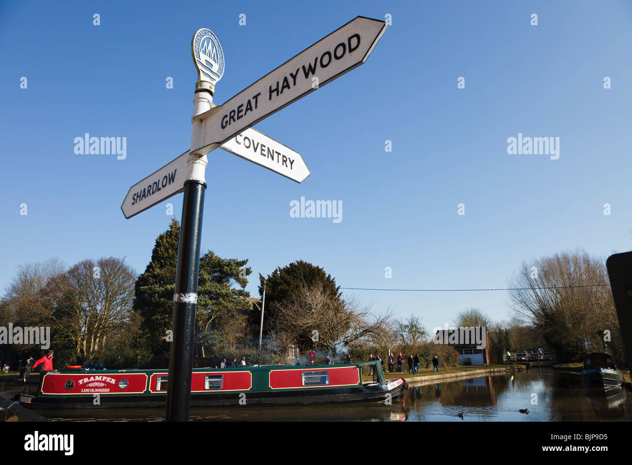 Canal signpost on the towpath at Fradley Junction at the meeting of two ...
