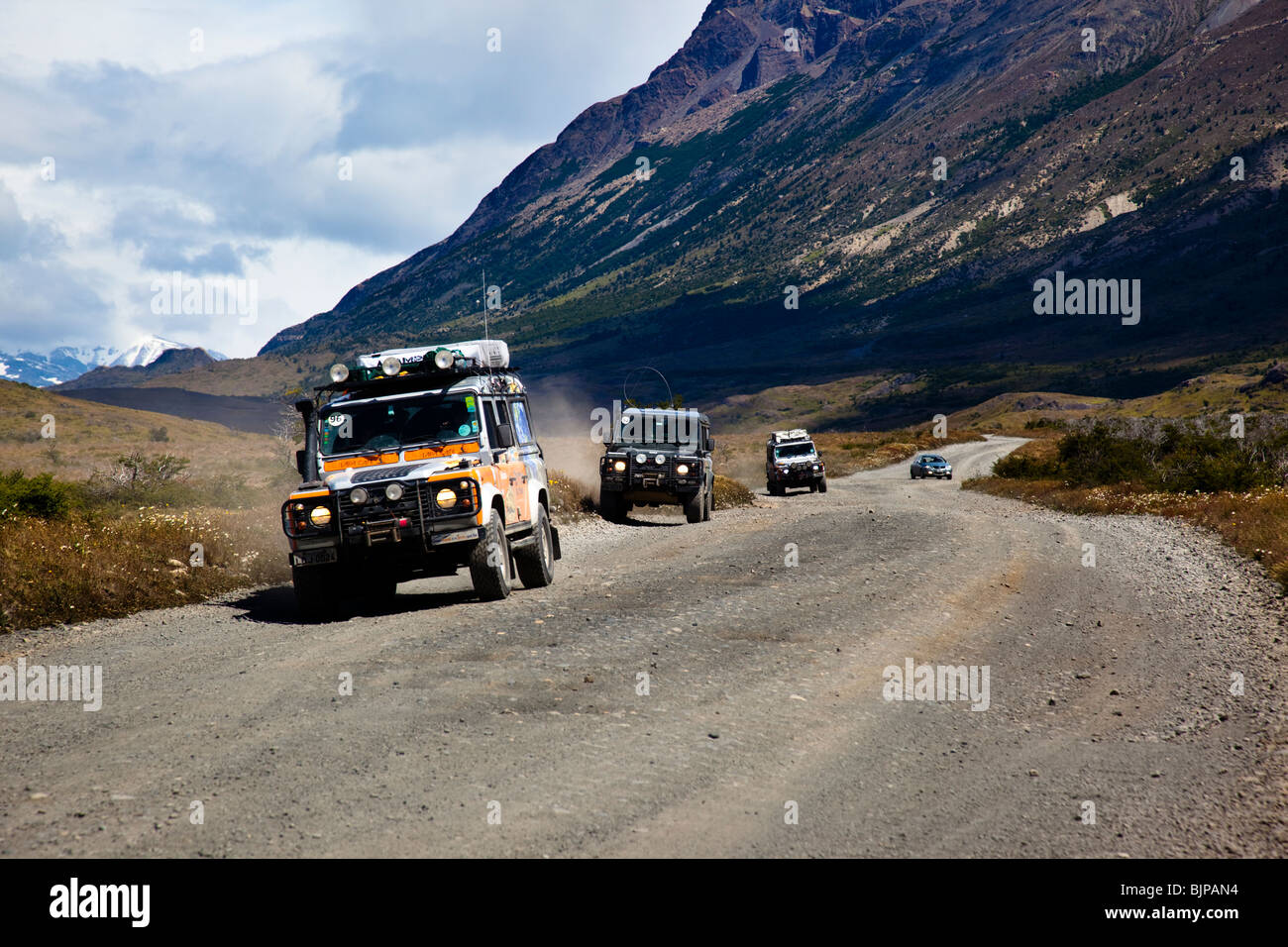 Land Rovers on an adventure tour in Torres del Paine massif in Torres ...