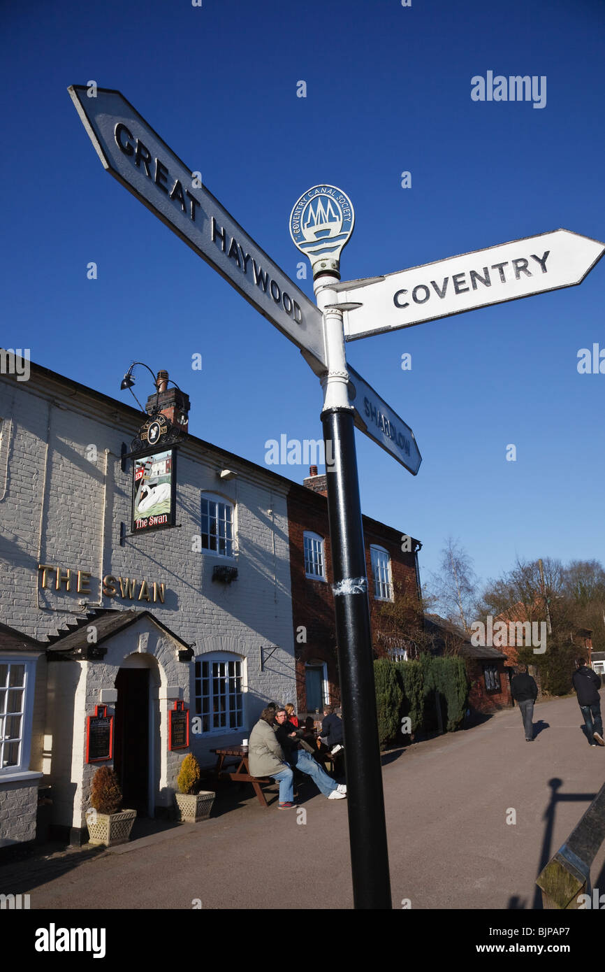 Canal signpost on the towpath beside The Swan public house, Fradley ...
