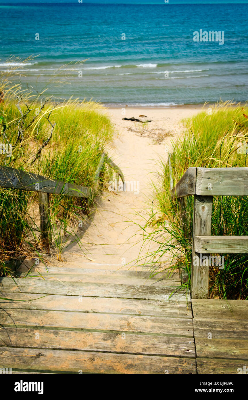 Wooden stairs over dunes at beach. Pinery provincial park, Ontario ...