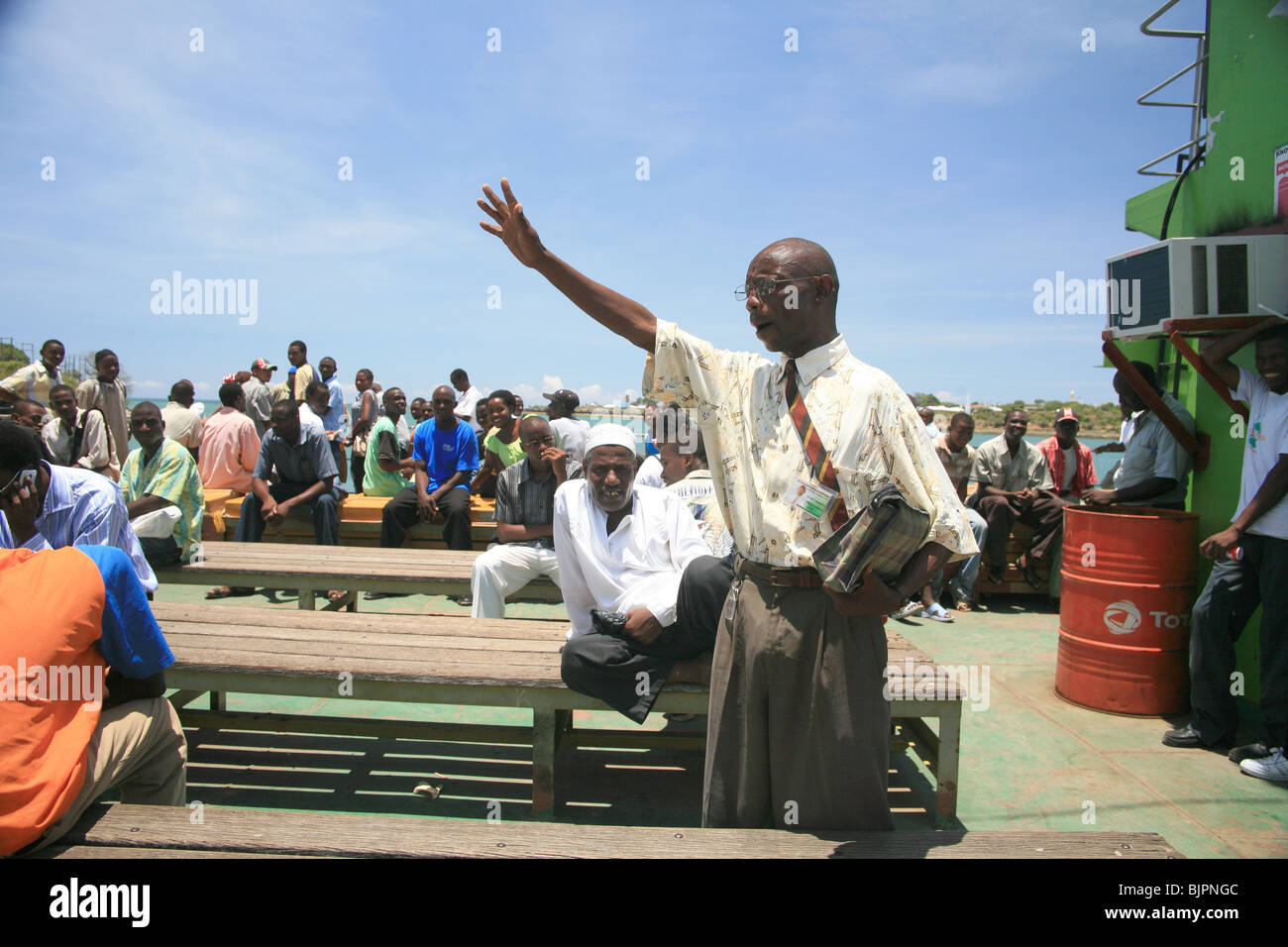 Ferry preacher on the MV Pwani ferry Likoni port Mombasa Kenya East ...