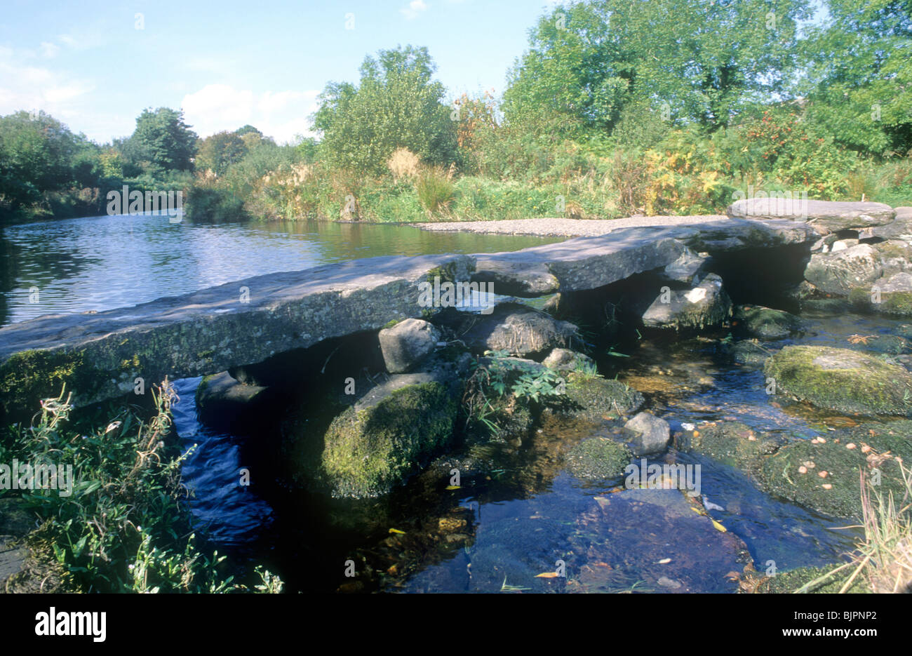 Ballingeary, County Cork, stone clapper bridge, River Lee, Ireland Eire ...