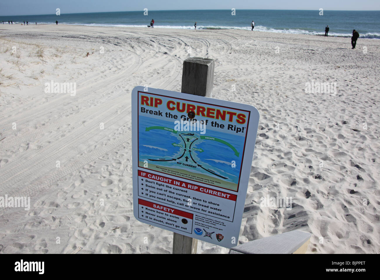 Rip current warning sign at Fire Island beach, Robert Moses State Park ...