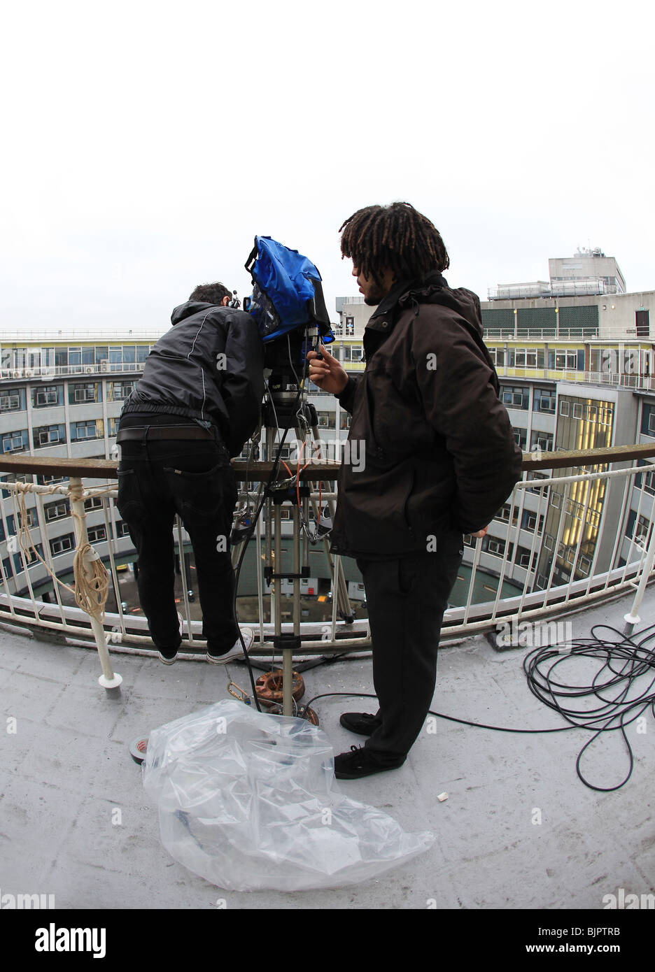Camera men filming outside at the BBC Television Studios, London UK ...