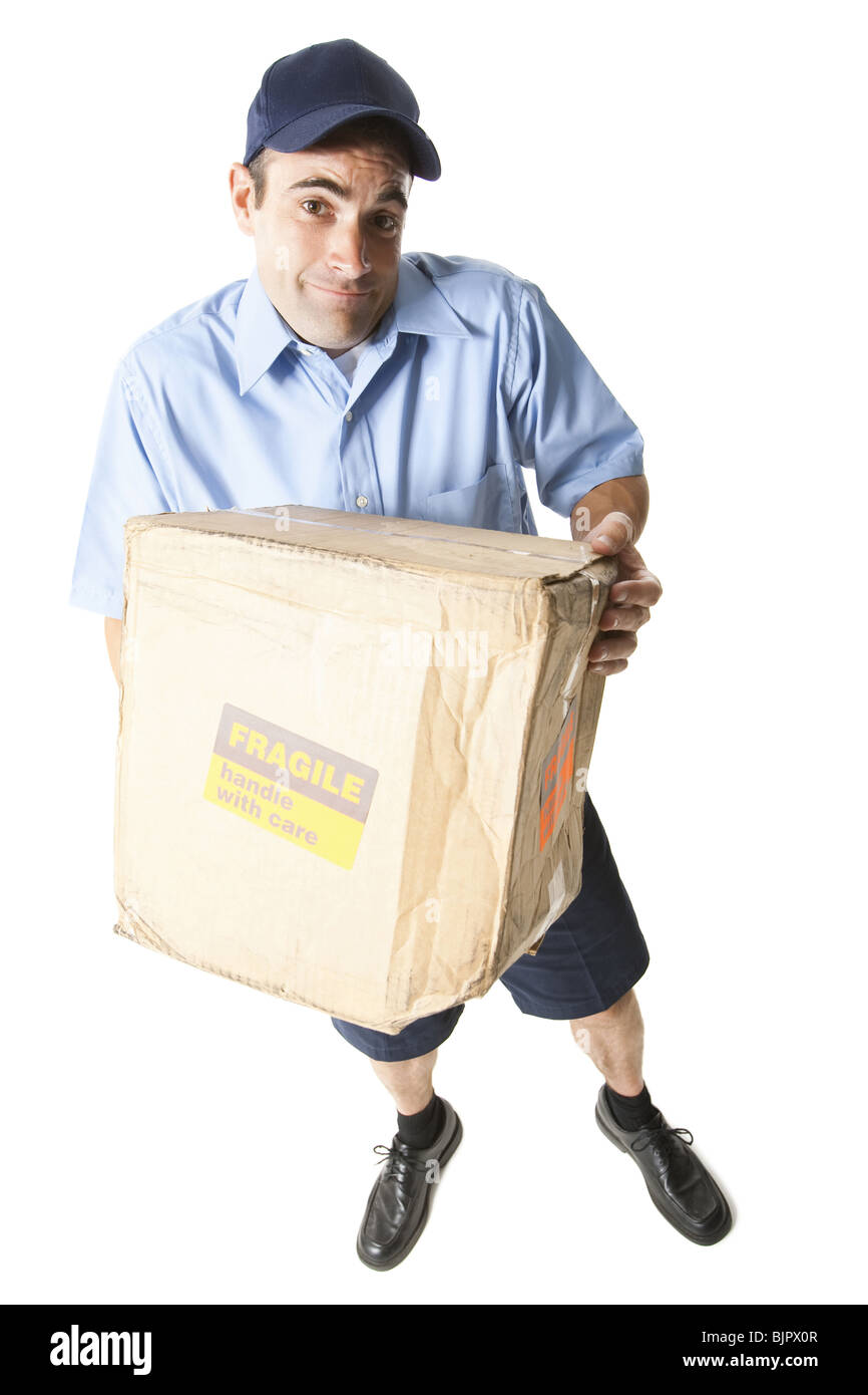 Delivery man with damaged package Stock Photo - Alamy