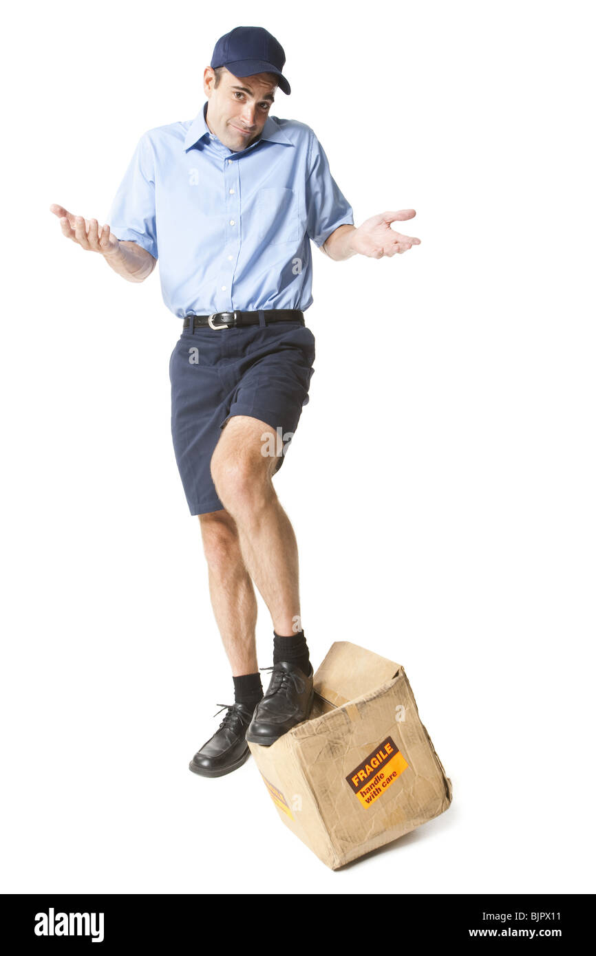 Delivery man with damaged package Stock Photo - Alamy
