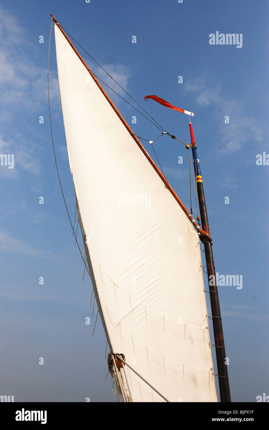 looking up to sail of wherry boat Norfolk Broads England Stock Photo ...