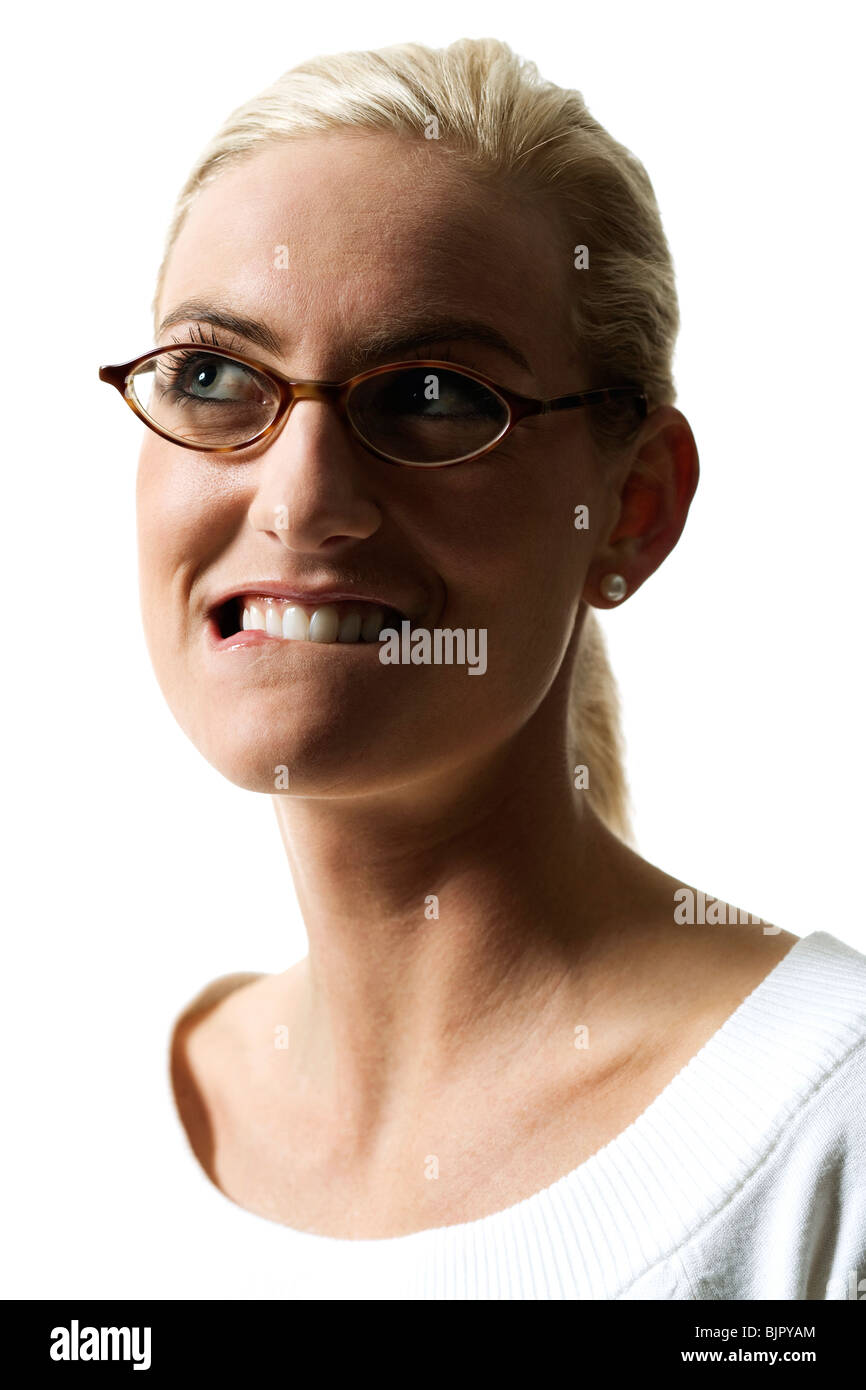 Woman looking upwards glasses hi-res stock photography and images - Alamy