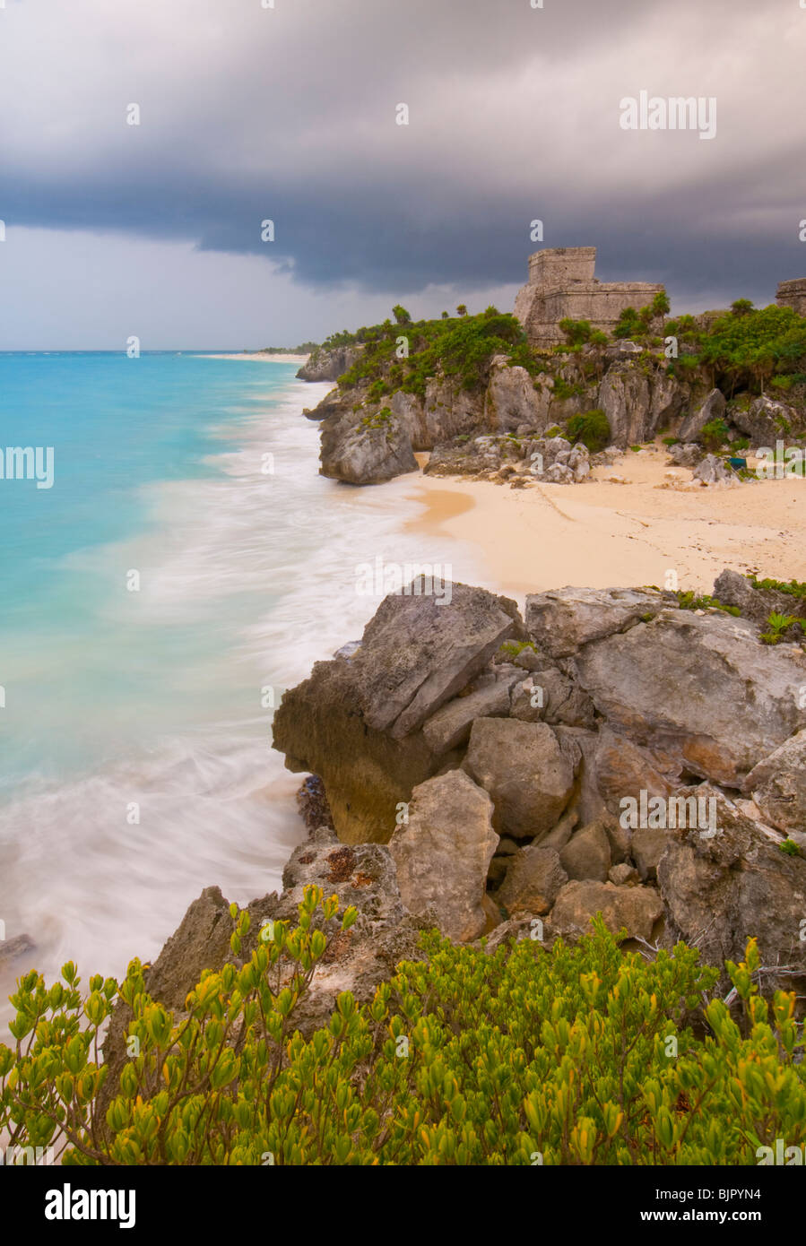 Ancient Mayan Ruins of Tulum with Dark hurricane clouds overhead ...