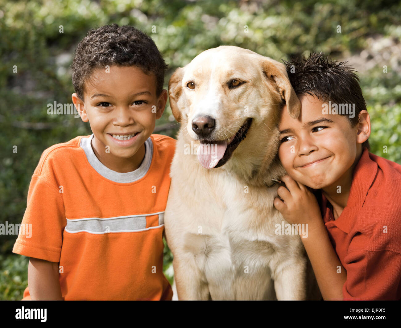 Boys with a dog outside Stock Photo - Alamy