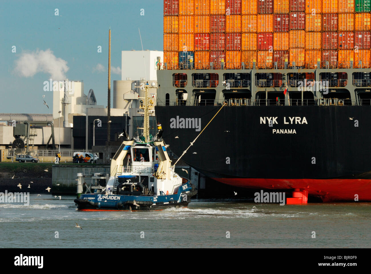 Huge container ship from NYK line in the harbor of IJmuiden, Holland ...