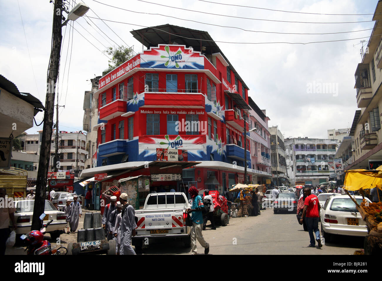 Street scene old town Mombasa Island, building painted by Omo Stock ...