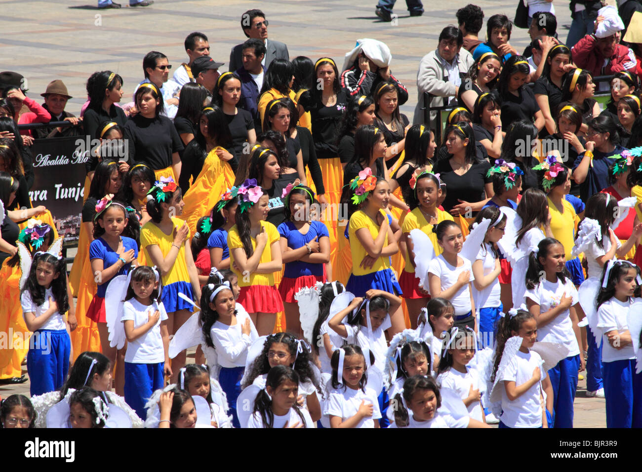 crowd of people singing the national anthem. Tunja, Boyaca, Colombia ...