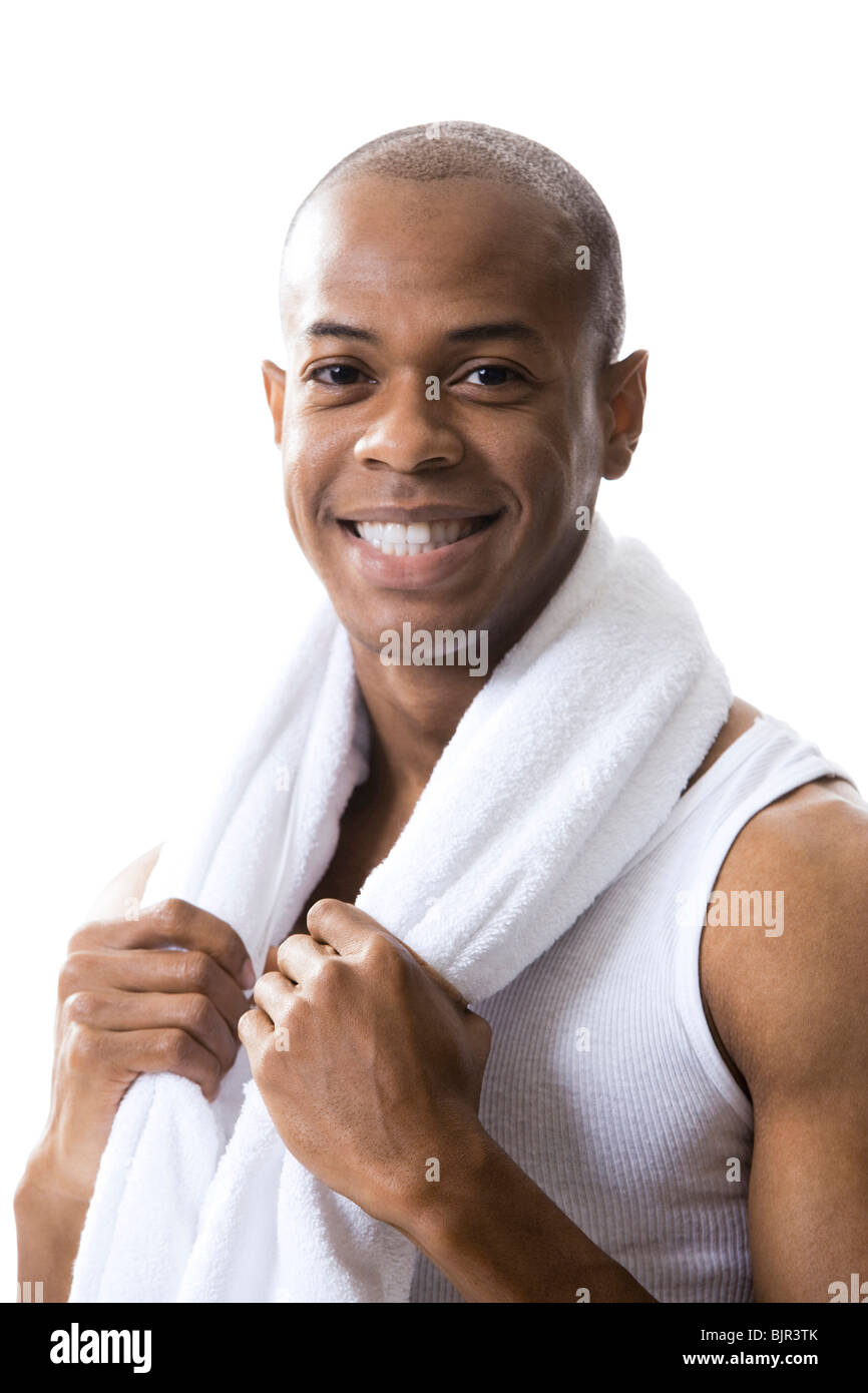 Man with white towel around his neck Stock Photo - Alamy
