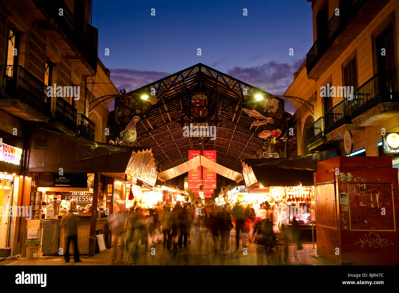 this is an image of the Boqueria market in Barcelona at night Stock ...