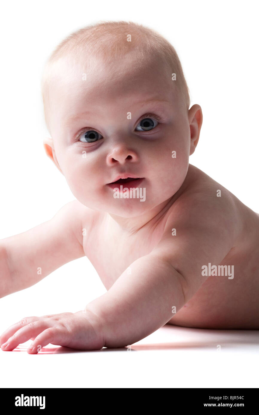 Baby leaning on front arms Stock Photo - Alamy