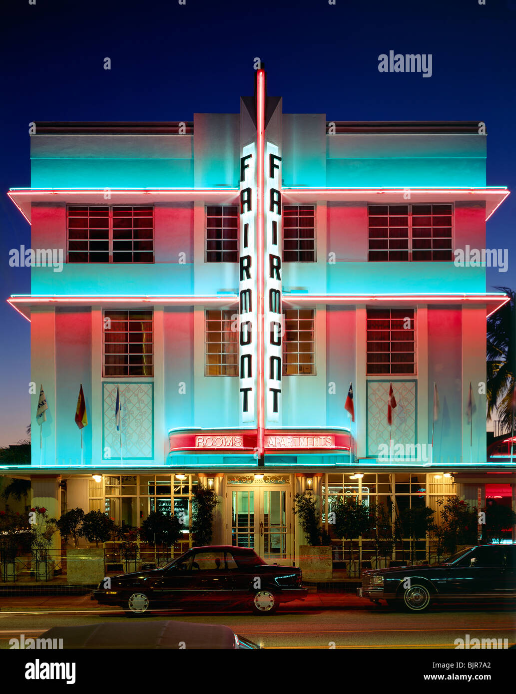 Fairmount Hotel Art Deco architectural style building at dusk in the ...