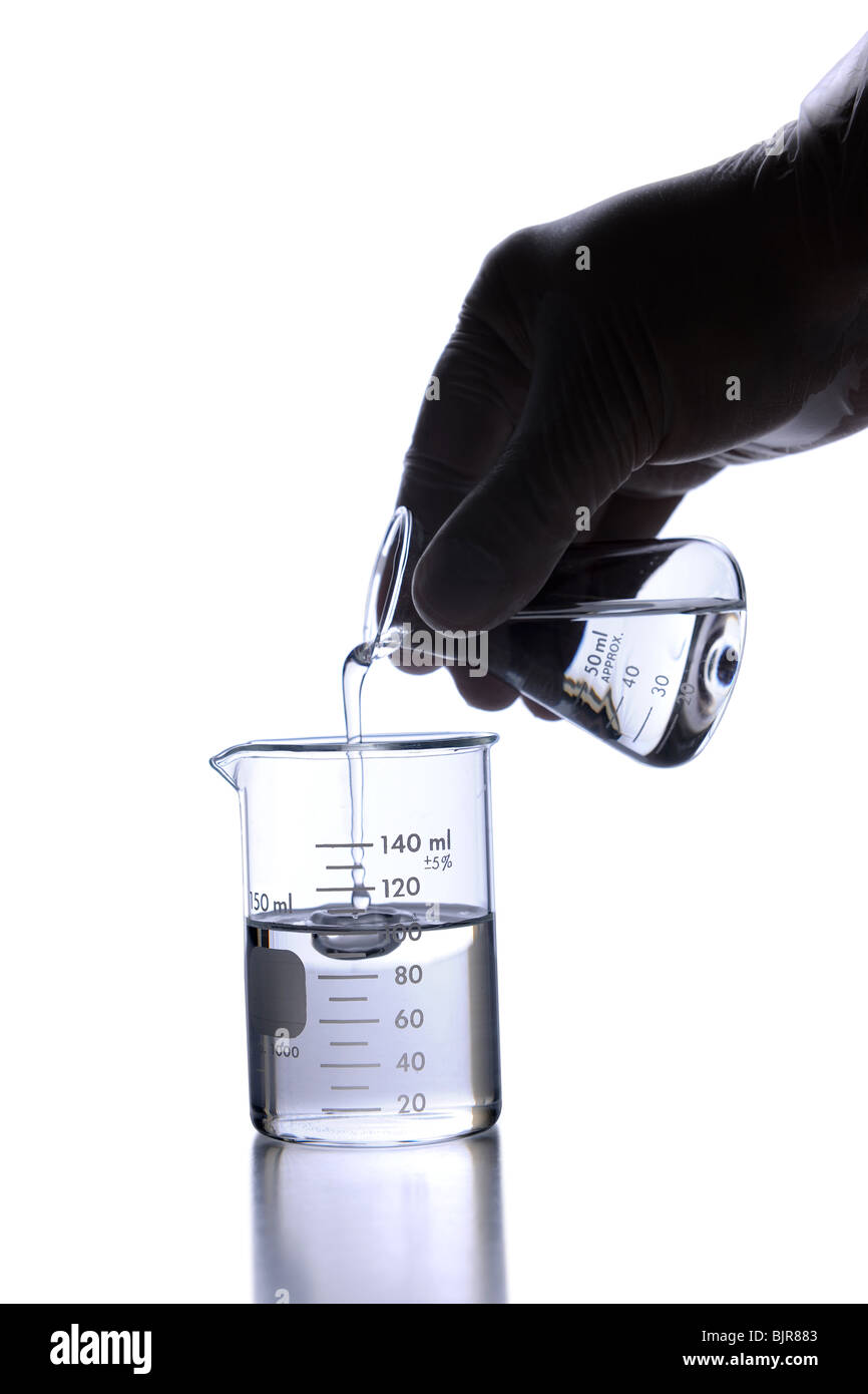 Lab technician wearing latex glove using poring liquid into flask Stock ...