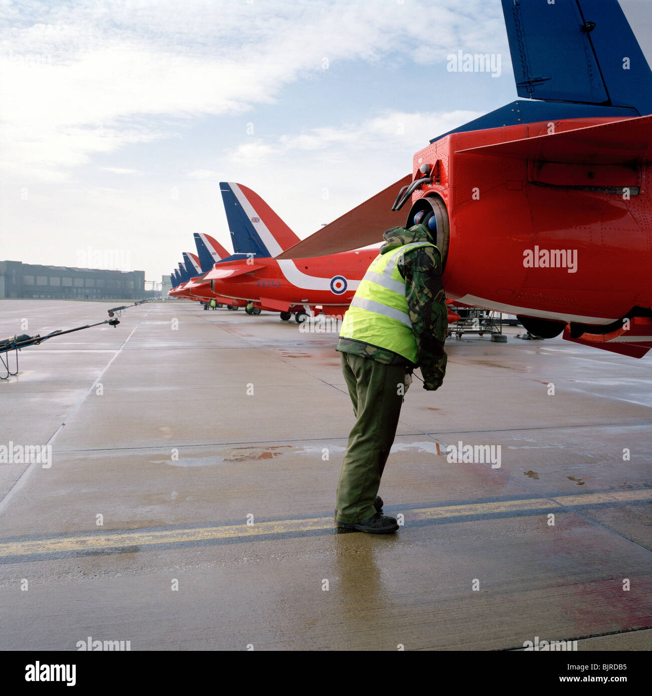 'line' engineer from RAF's Red Arrows aerobatic team inserts his head ...