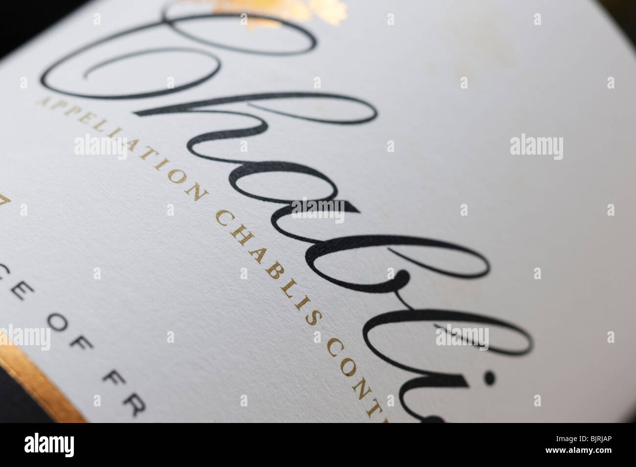 Chablis wine bottle label closeup Stock Photo - Alamy