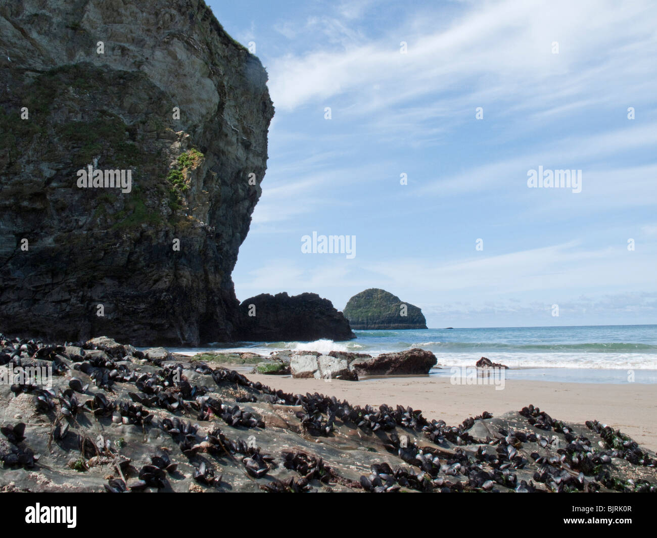 Trebarwith Strand, North Cornwall, UK. View of the beach with Gull Rock ...