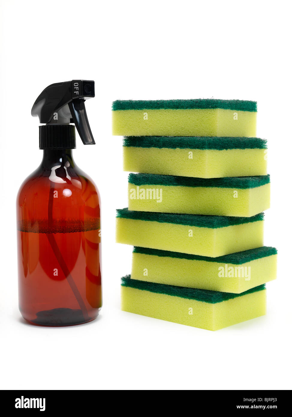 Environmentally safe cleaning products isolated against a white ...