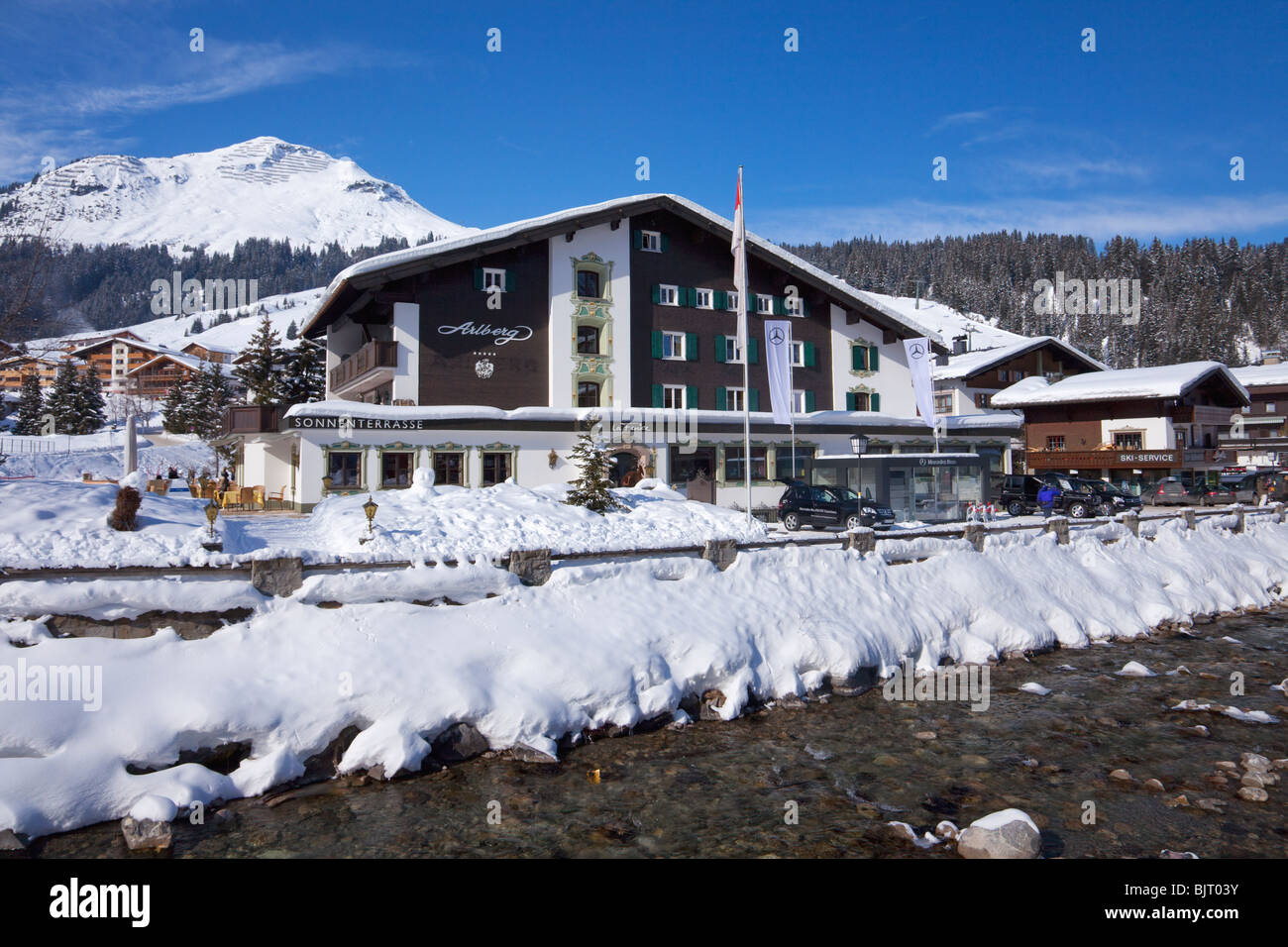 Hotel Arlberg and River Lech near St Saint Anton am Arlberg in winter ...