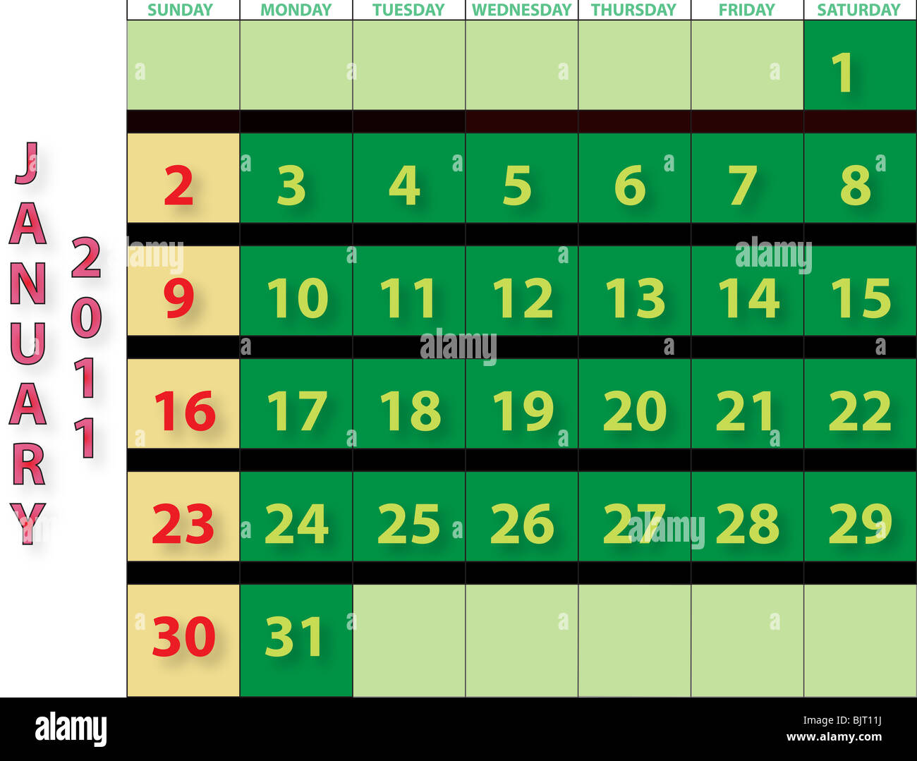 green environmental calendar of January year 2011 calendar Stock Photo ...