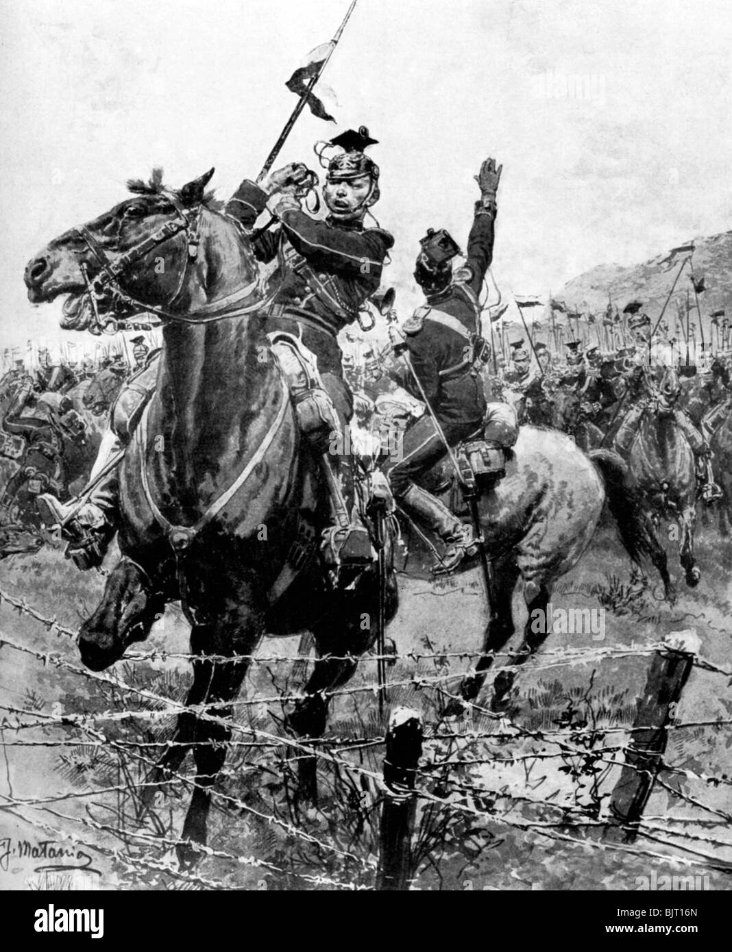 Uhlans checked by barbed wire near Liege, Belgium, First World War ...