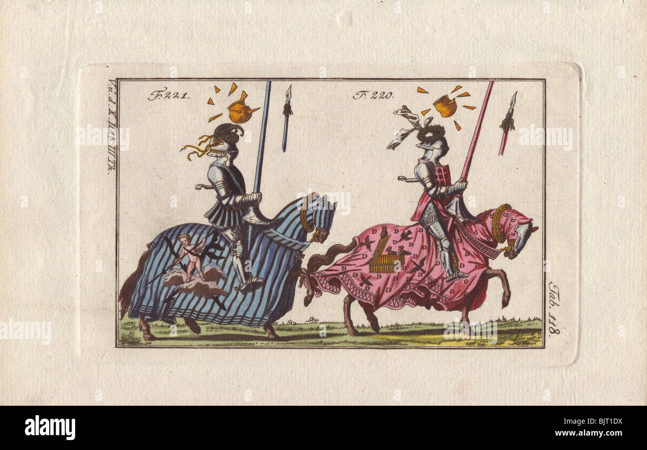 Two mounted knights in armor for two different types of course: with ...