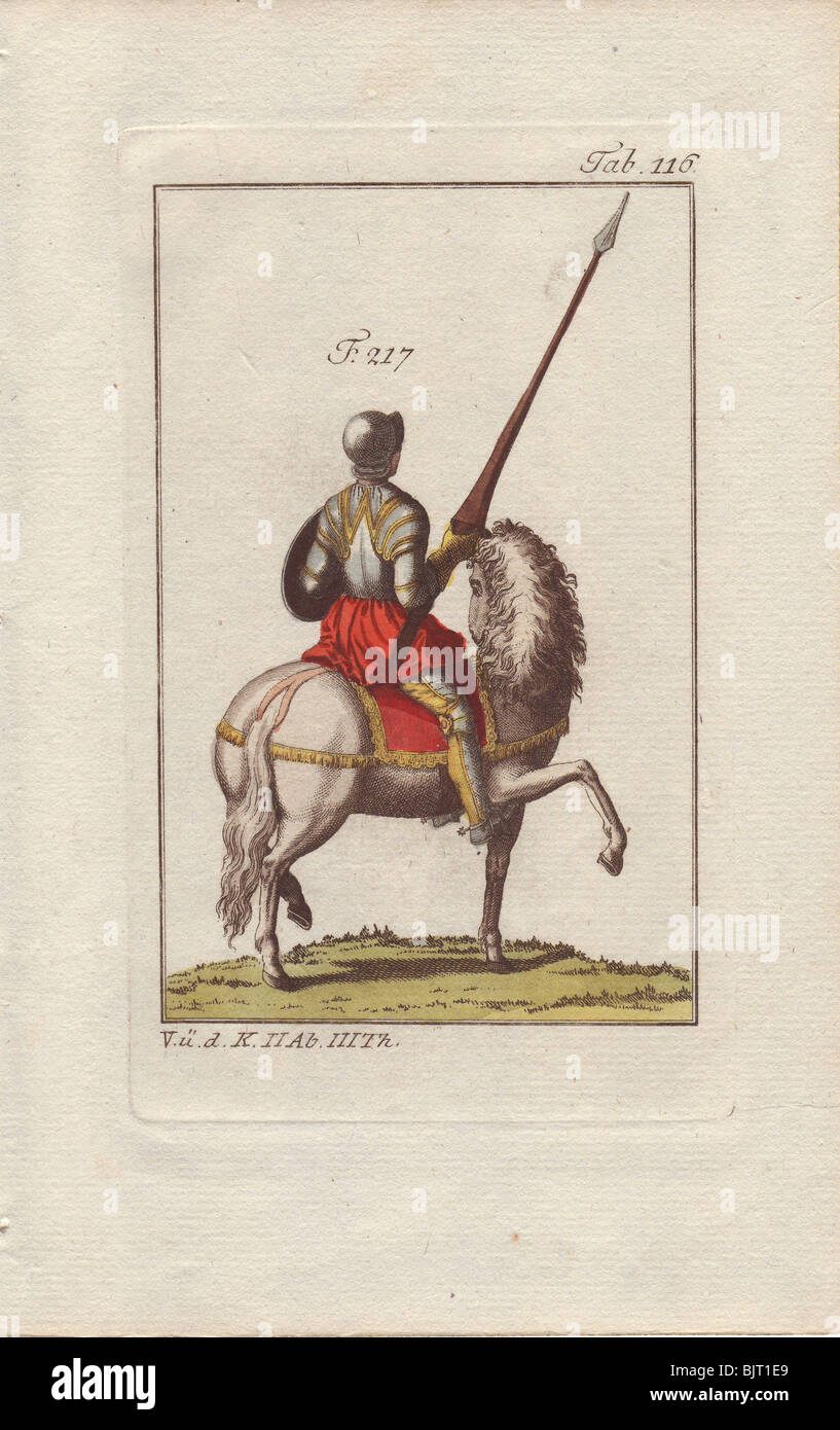 A mounted equerry in full armor with lance, shield and helmet in colors ...