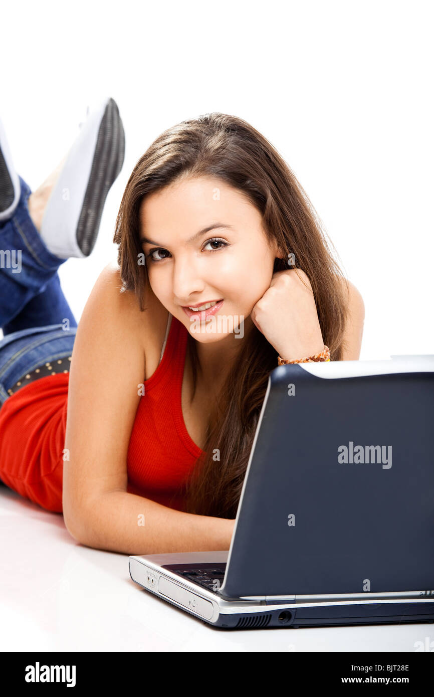 Beautiful and happy girl with a laptop, isolated on white Stock Photo ...