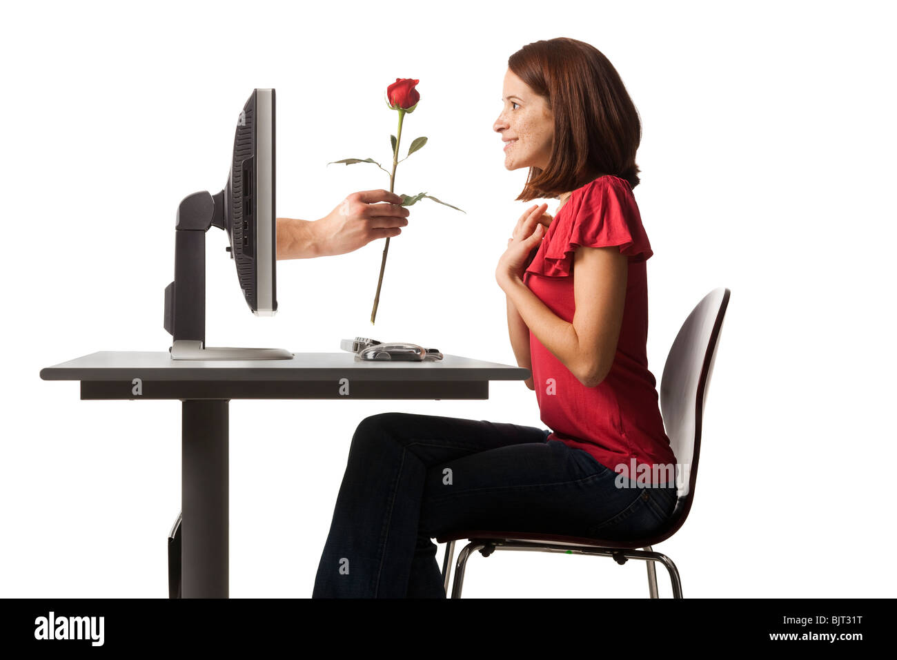 Conceptual picture of young woman receiving red rose out of her ...