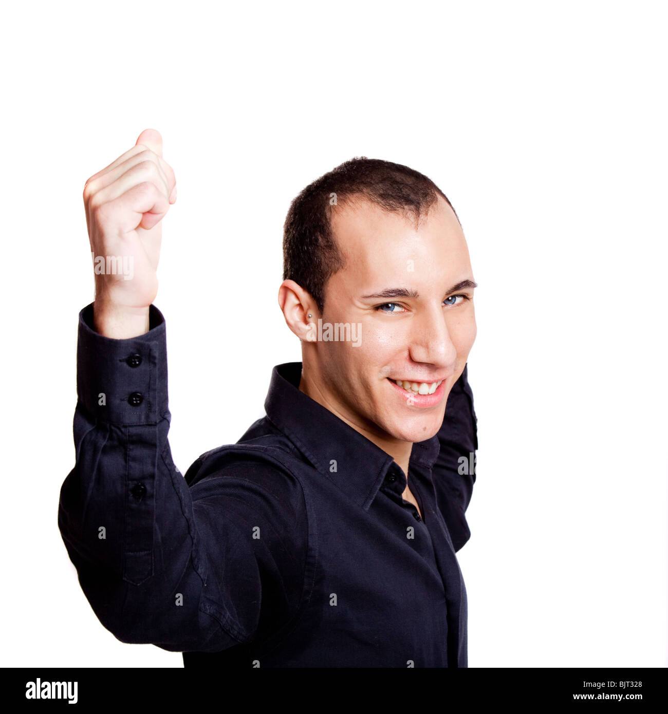 Portrait of a young and happy businessman, isolated on white background ...
