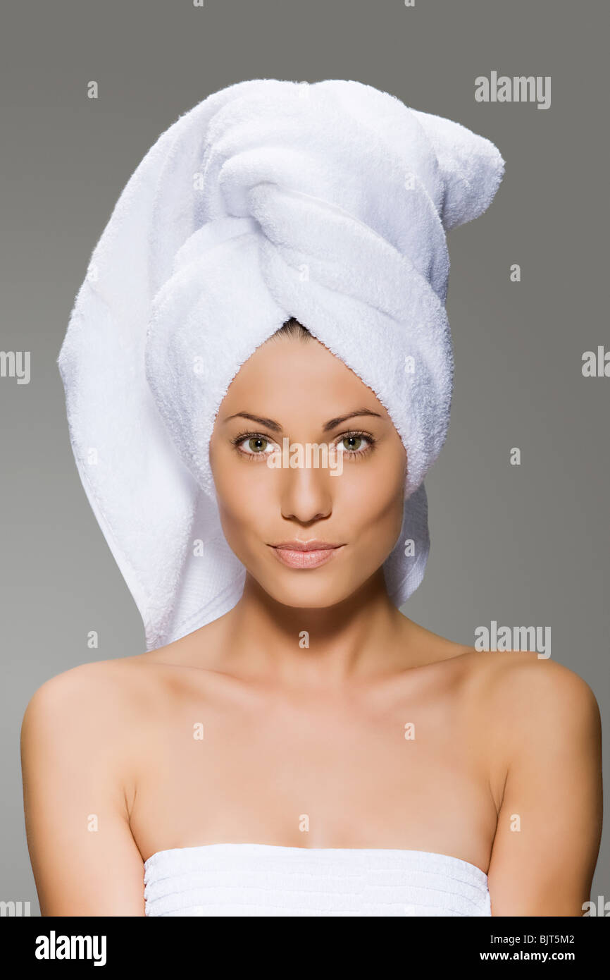 Portrait of a woman wearing a towel Stock Photo - Alamy