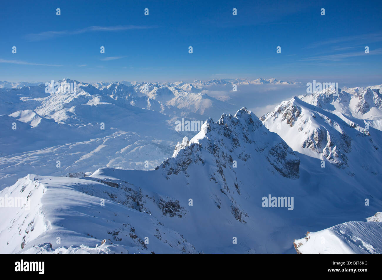 View from summit of Valluga in St Saint Anton am Arlberg in winter snow ...