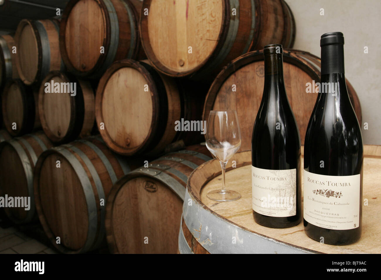 Bottles of wine in a winery in Vacqueyras, Provence, France Stock Photo ...