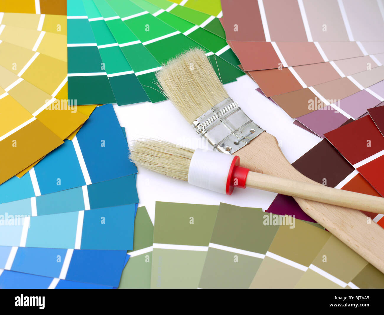 Two paint brushes on arrays of paint color swatches Stock Photo - Alamy