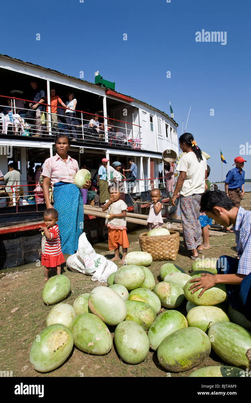 Watermelons. Pakokku jetty. Boat Mandalay-Bagan. Myanmar Stock Photo ...