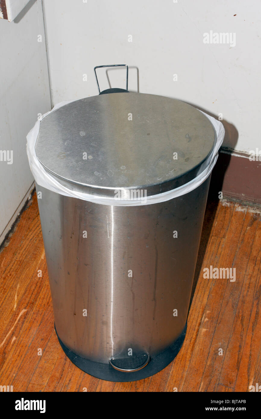 Brushed stainless steel rubbish can with pedal and lid on wood floor in ...