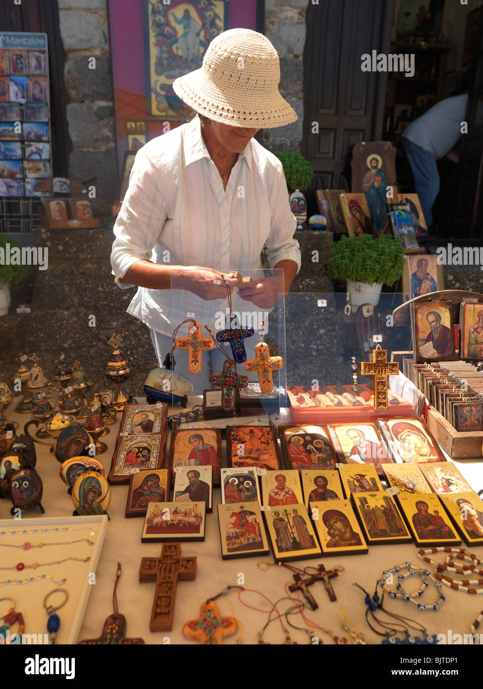 Chora Patmos Greece Souvenir Stall selling Crosses and Icons Outside ...