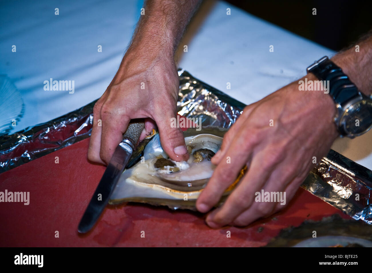 demonstration of a pearl shell opening and grading Western Australia ...