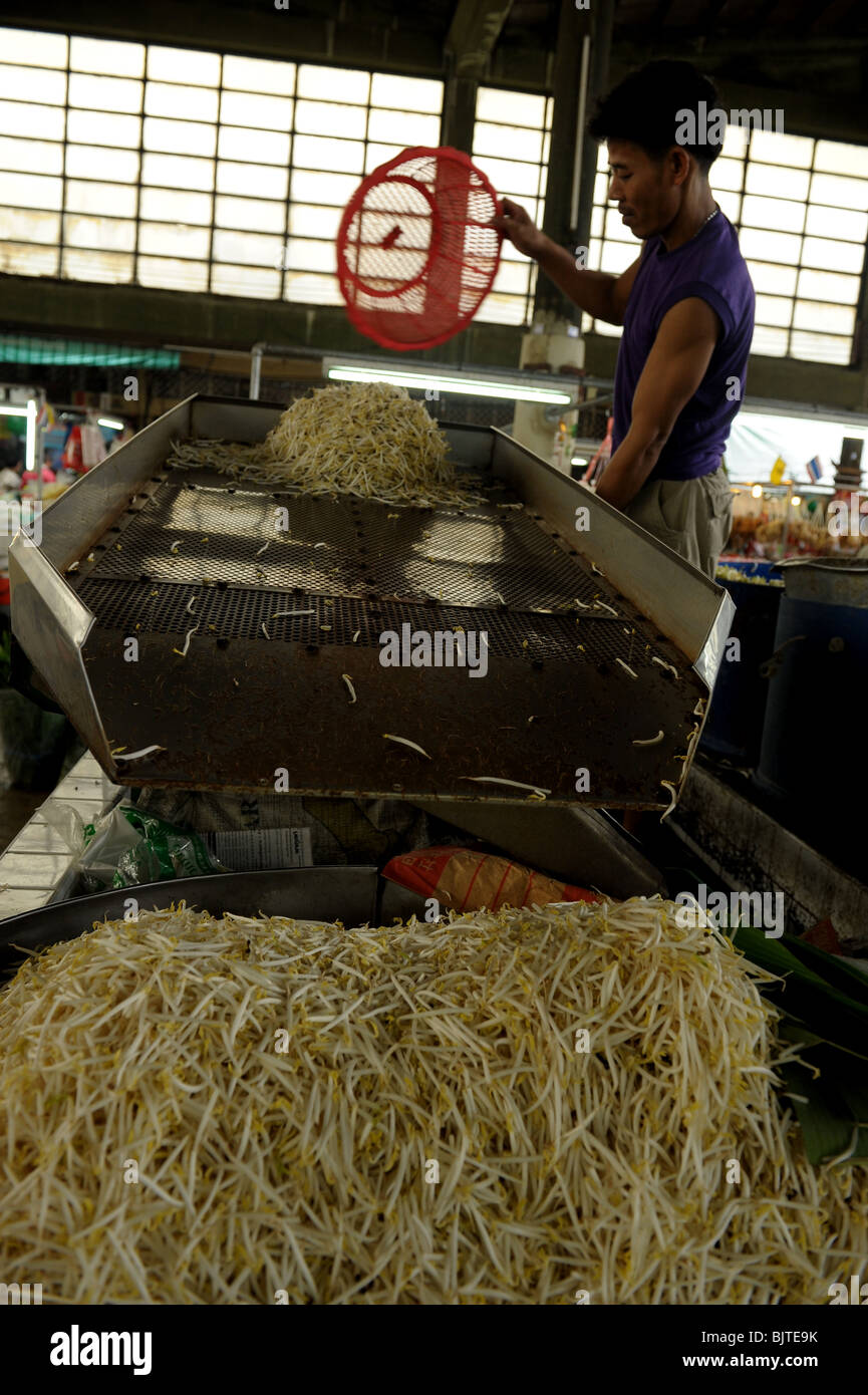 bean sprouts being sorted by machine and hand ,Wongwian Yai Market and ...