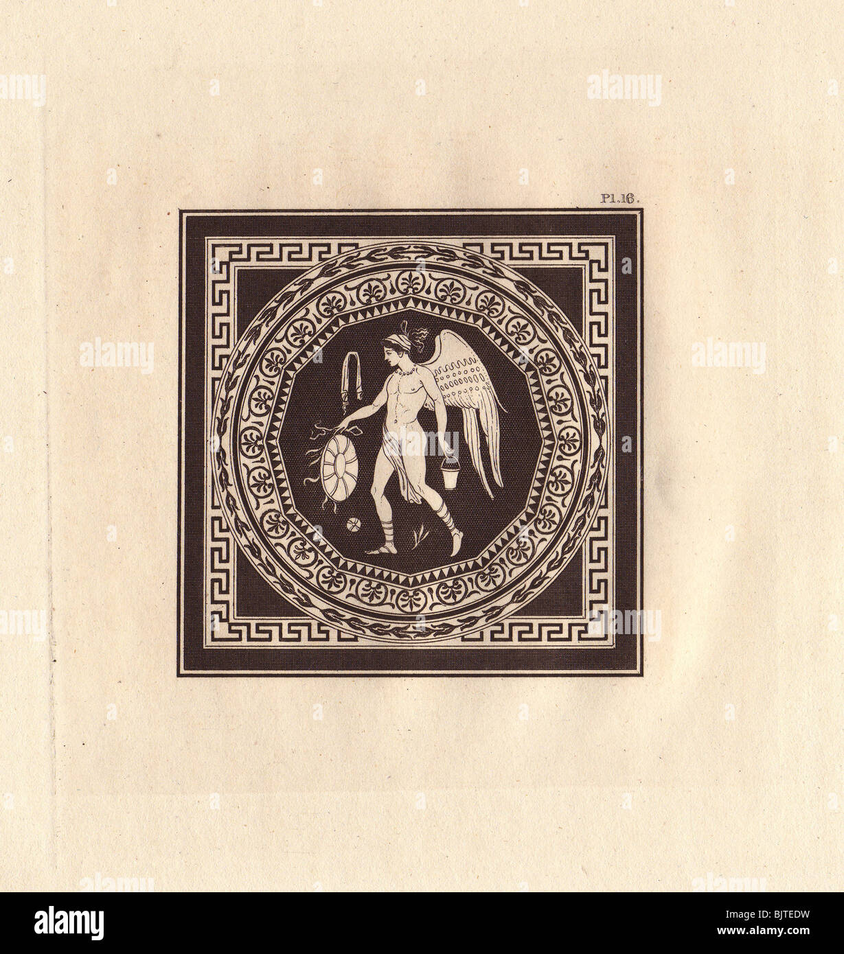 Exquisite engraving of an androgynous winged genius at a feast of Ceres ...