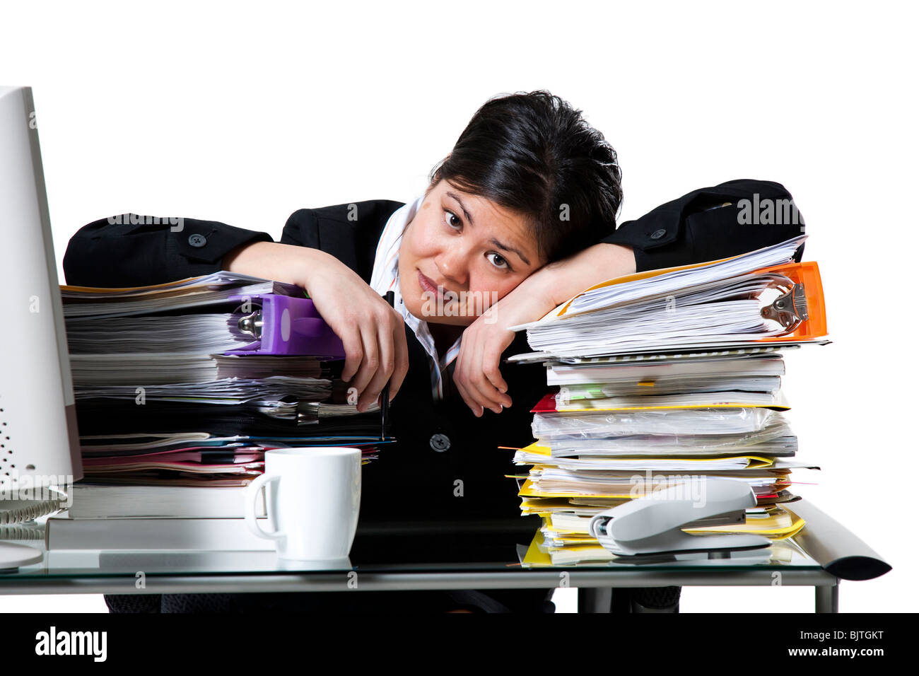 Woman with stack of binders Stock Photo - Alamy